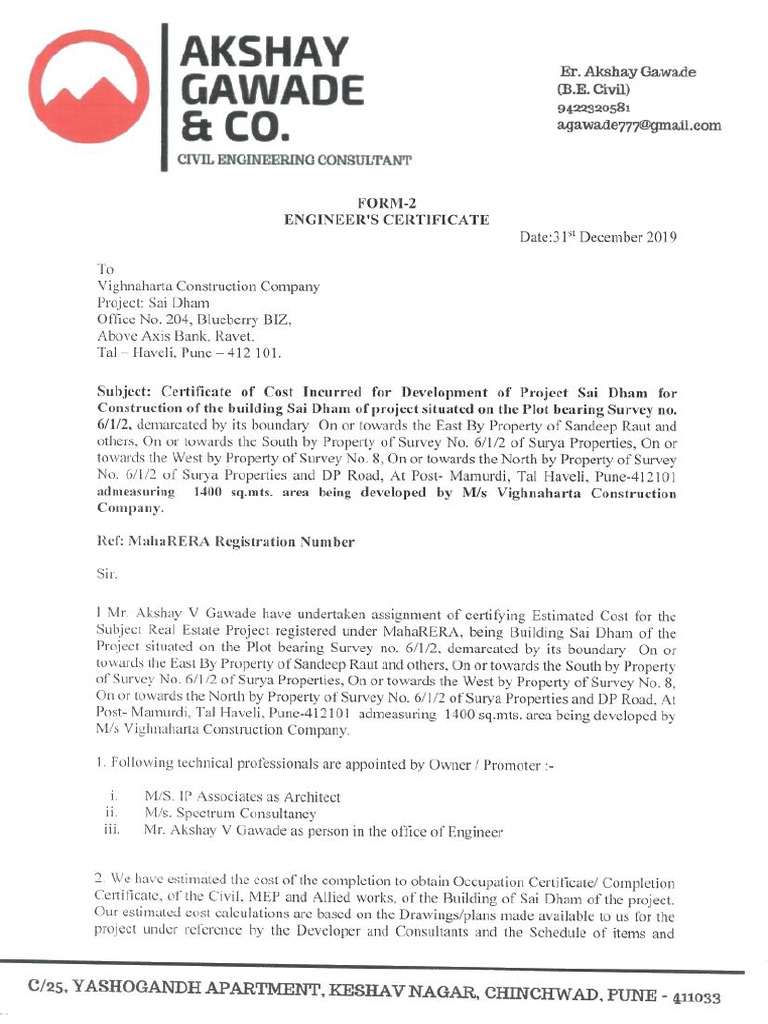 1 Engineer's Certificate On Cost Incurred On Project (Form 2) | PDF