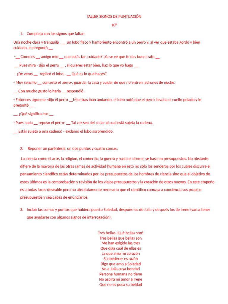 Taller de Signos de Puntuación | PDF | Amor