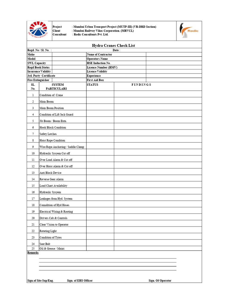 Hydra Cranes Check List | PDF | Technology & Engineering
