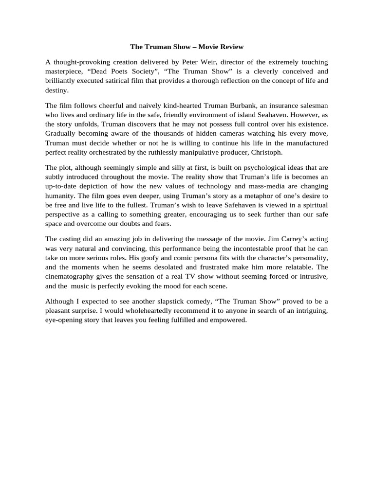 Truman Show: In-Depth Movie Review | PDF | Art