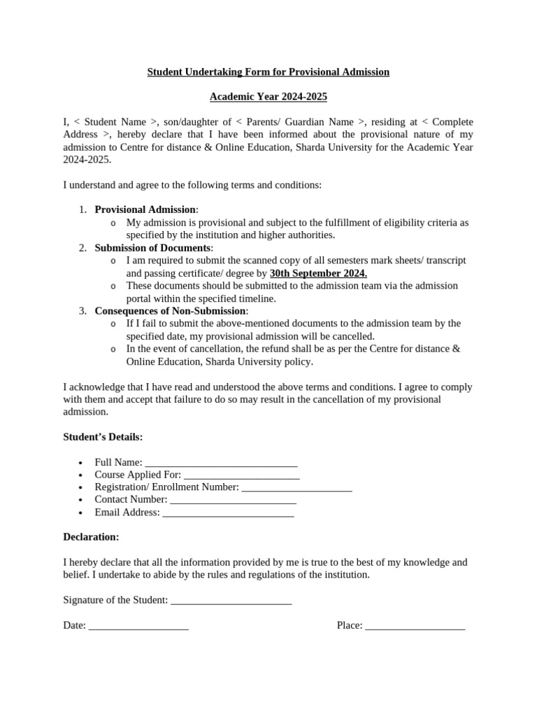 Provisional Admission Form 2024-25 | PDF