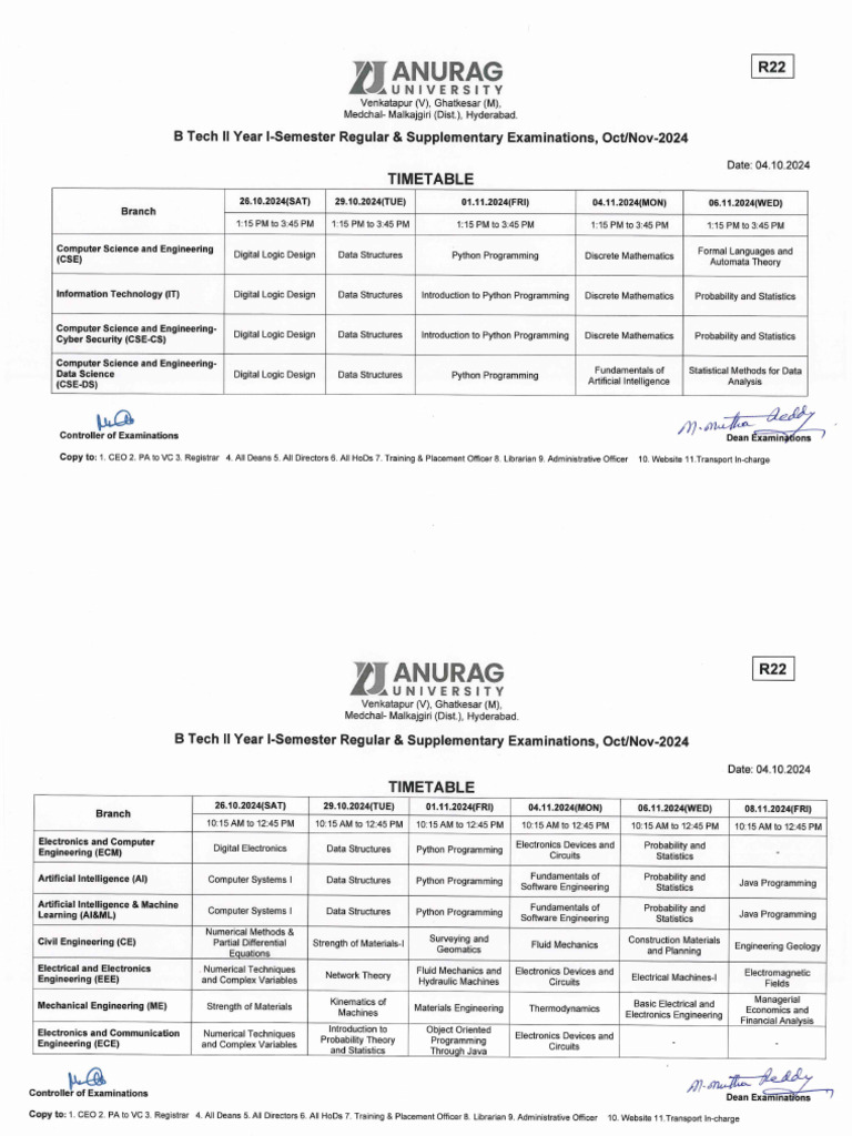 R22 B Tech II Year I-Semester Regular & Supplementary Examinations Timetable-2024 | PDF