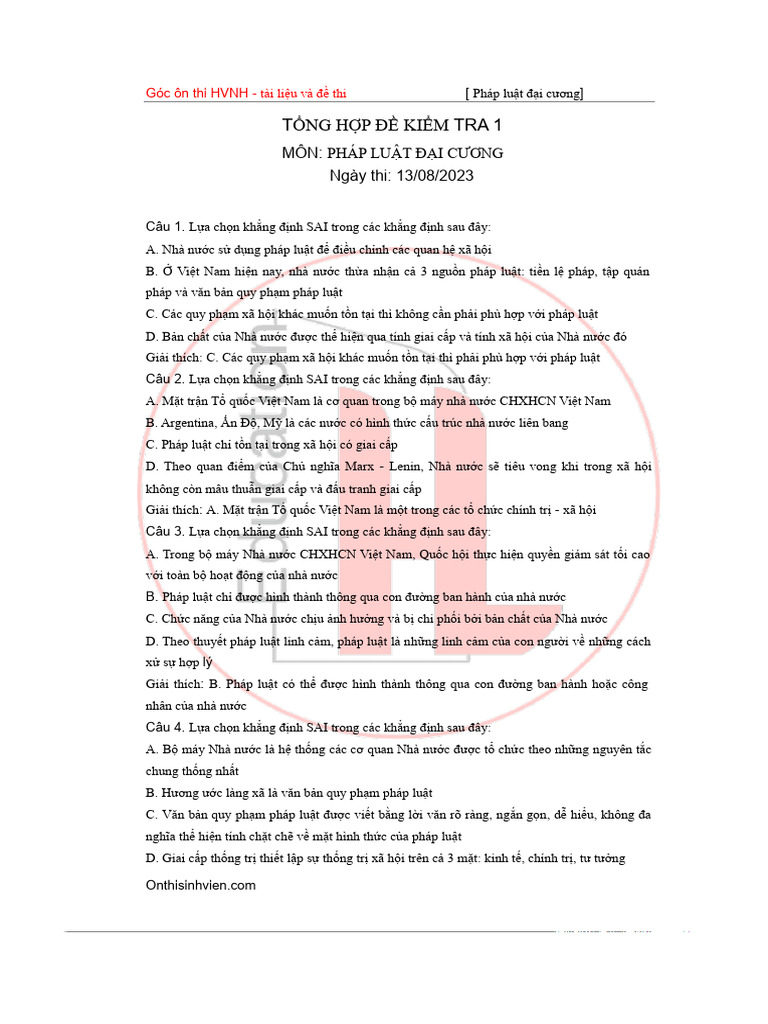 Tong Hop de Kiem Tra 1 Mon Phap Luat Dai Cuong 73513 | PDF