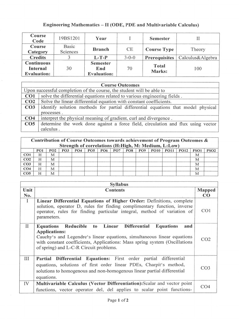 Engg - Mathematics-II (ODE, PDE and Multivariable Calculus) | PDF ...