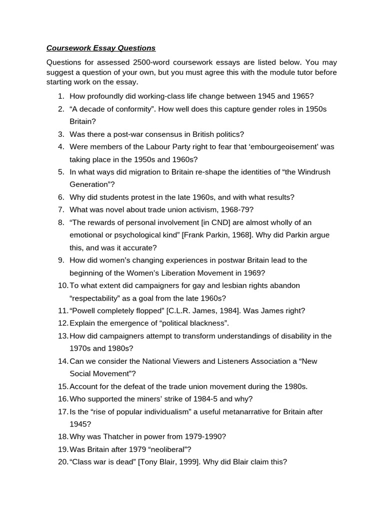 Coursework Essay Questions on Post-War Britain | PDF | History