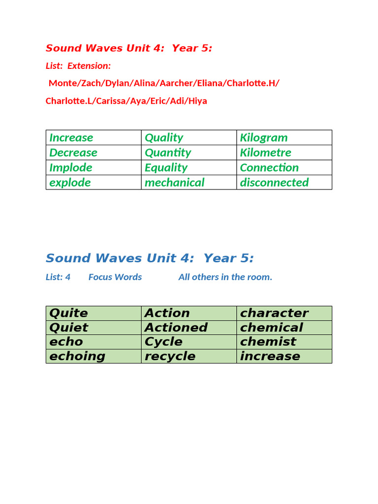Year 5 Sound Waves Vocabulary List | PDF