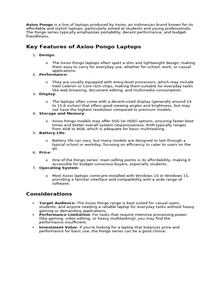 Axioo Pongo Laptop Series Overview | PDF