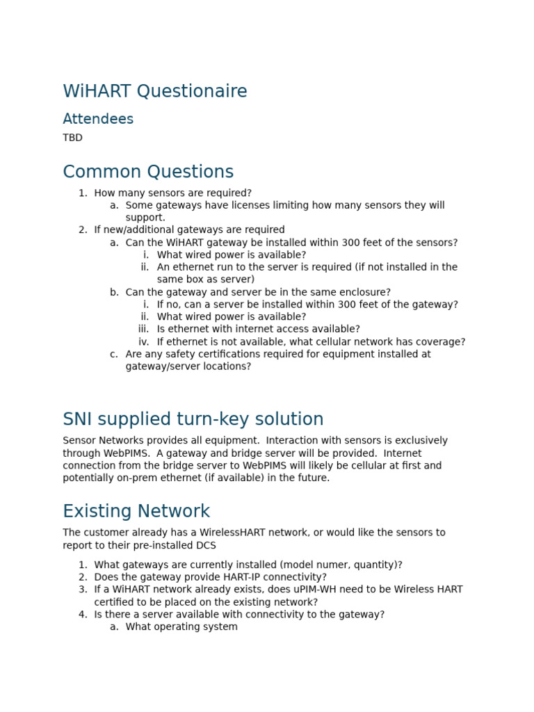WiHart Infrastructure Customer Questionare BLANK TEMPLATE | PDF