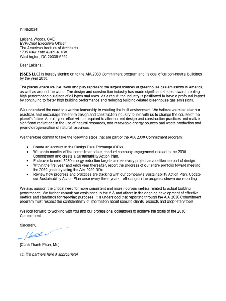 2030 Commitment Letter From SSES | PDF | Sustainability | Environmental ...