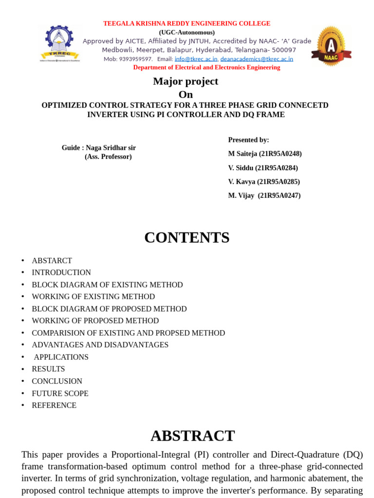 Major Project On: Optimized Control Strategy For A Three Phase Grid Connecetd Inverter Using Pi ...