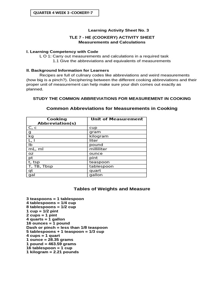 COOKERY 7 LAS Q4 Week 3 | PDF | Teaspoon | Gallon