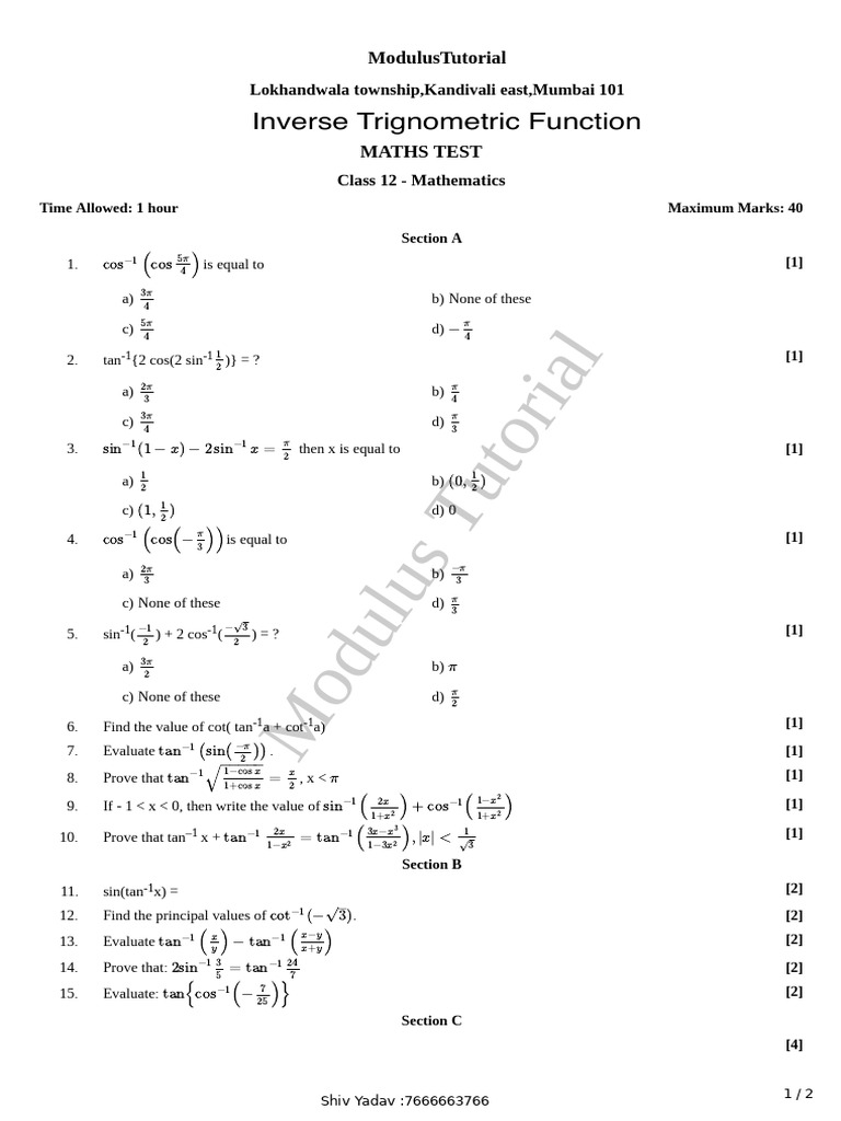 Inverse Trignometric Function | PDF | Elementary Mathematics | Angle
