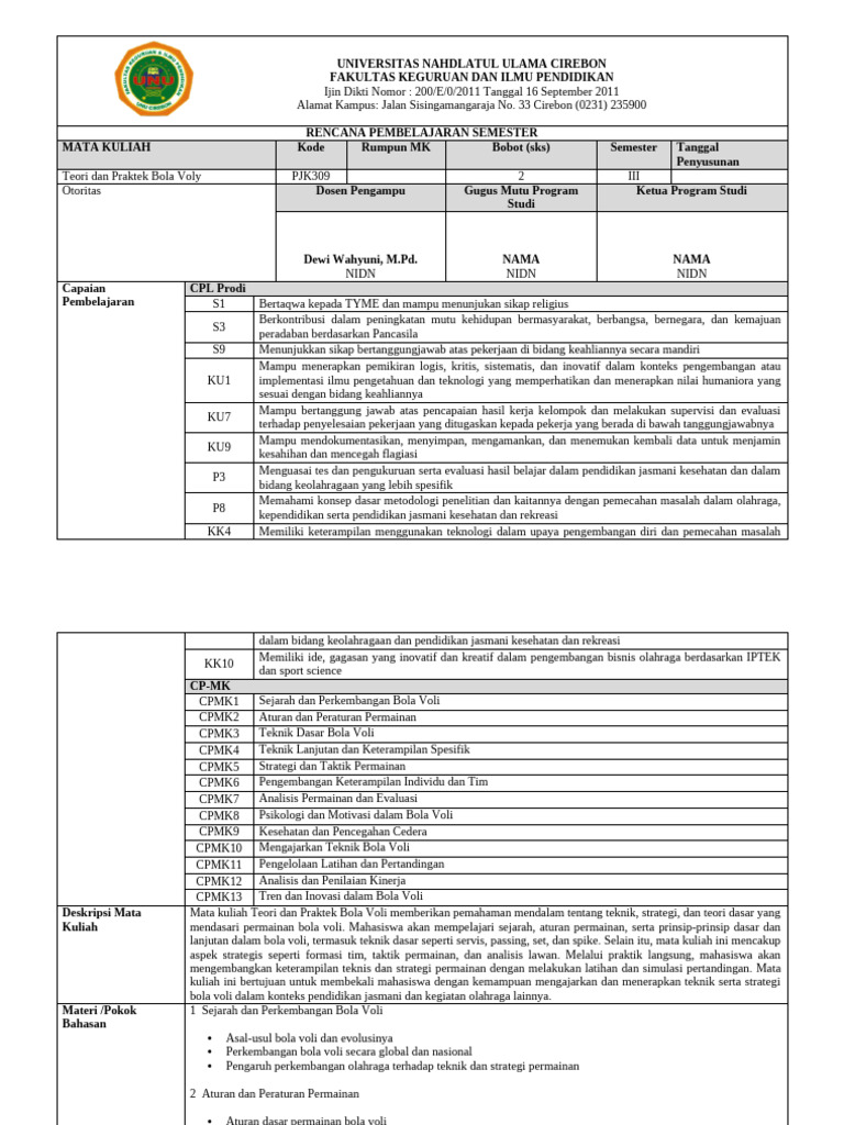 Teori Dan Praktek Bola Voly Semester 3 | PDF