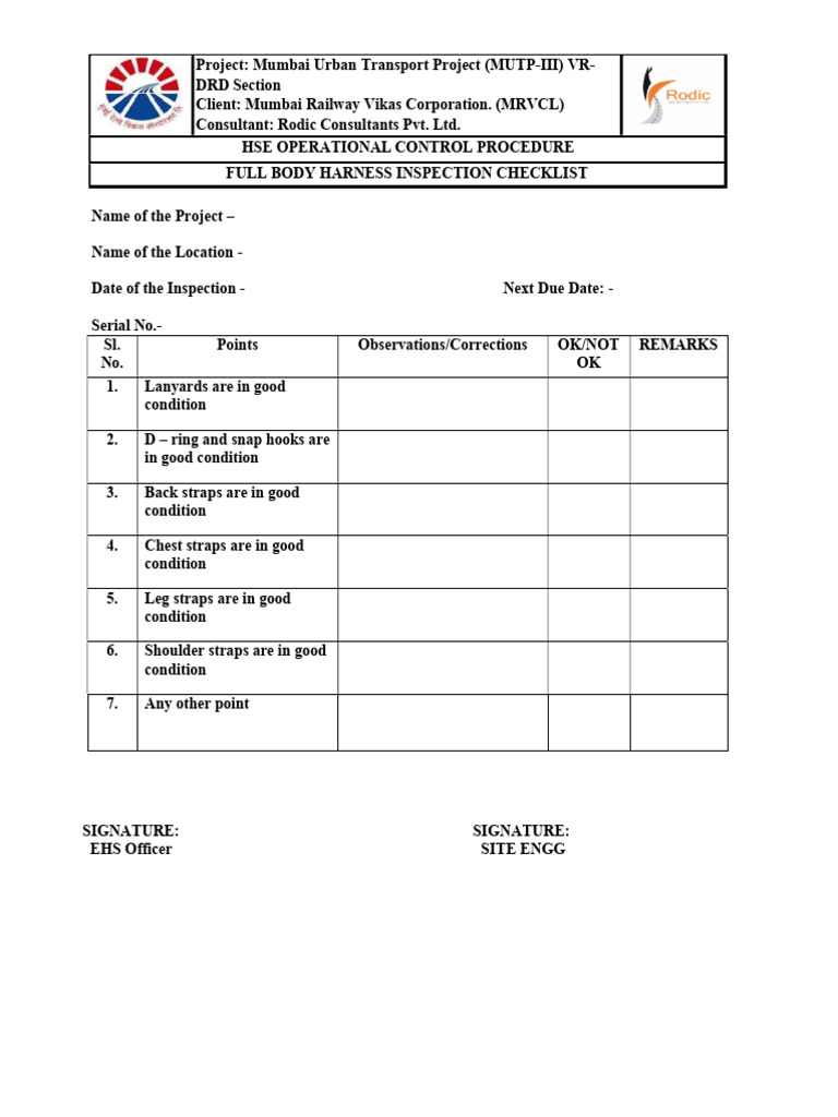 Full Body Harness Inspection Checklist | PDF
