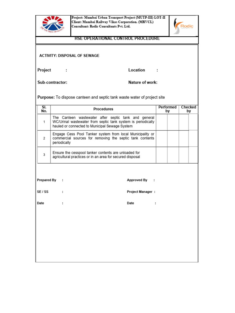 Disposal of Sewage Checklist | PDF