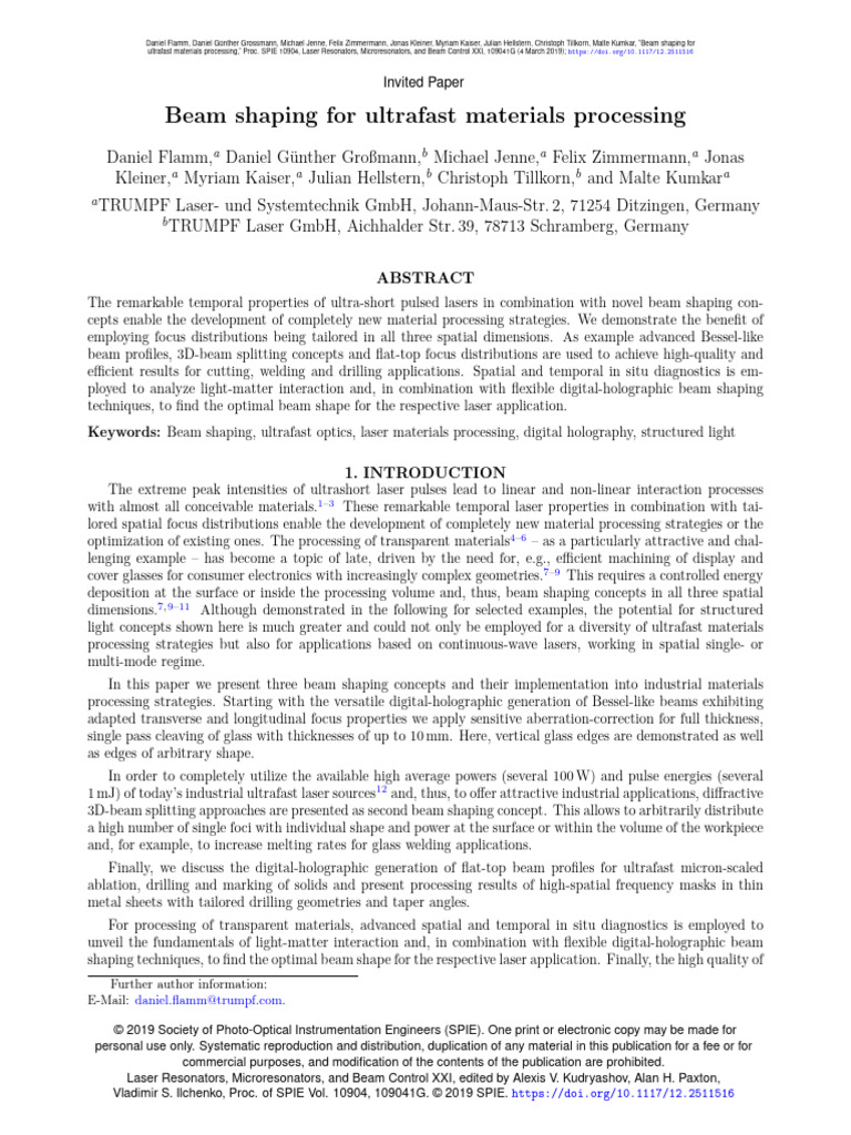 Beam Shaping For Ultrafast Materials Processing | PDF | Ultrashort Pulse | Optics