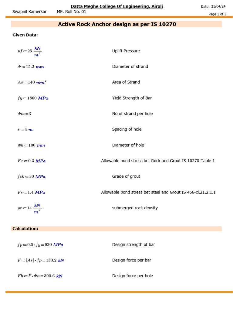 Active Rock Anchor design | PDF | Building Engineering | Materials