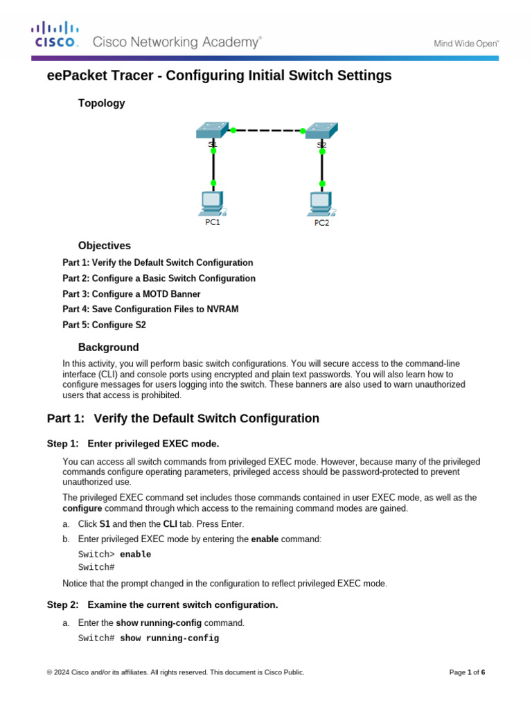 2.2.3.4 Packet Tracer - Configuring Initial Switch Settings | PDF | Command Line Interface ...