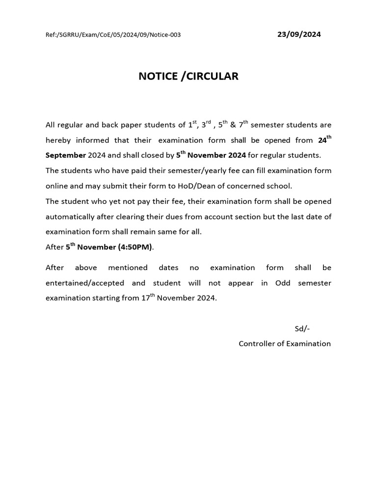Exam Form Submission Notice 2024 | PDF