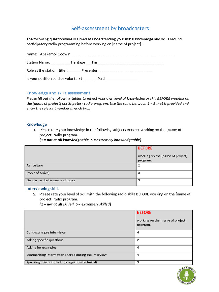 Self Assessment (Start of Project) - EN | PDF | Human Communication