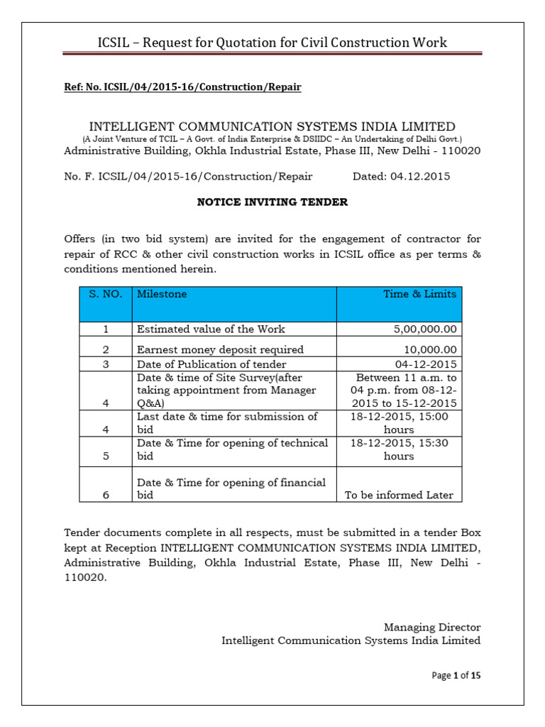 Tender For Civil Construction Work | PDF | Indemnity