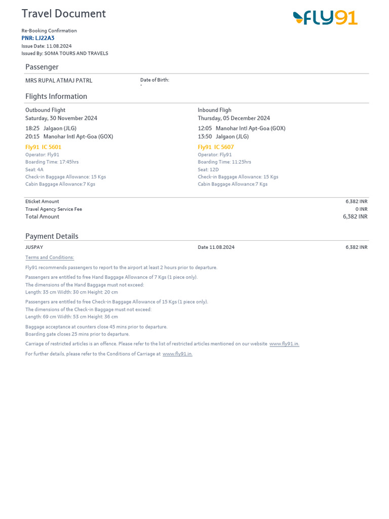Rupal Patel's Fly91 Travel Confirmation | PDF | Aviation | Civil Aviation