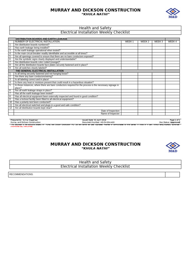 Weekly Electrical Safety Checklist | PDF | Electrical Wiring ...