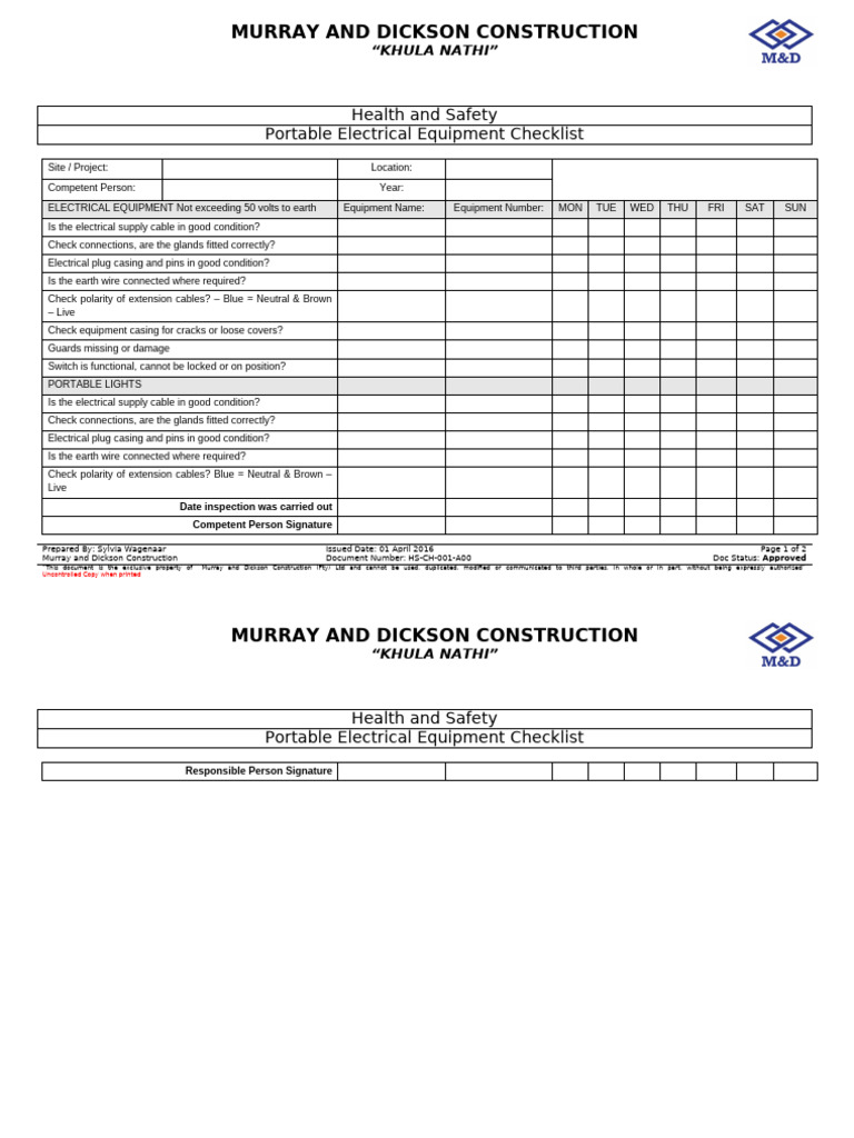 HS-CH-001-A00 - Portable Electrical Equipment Checklist | PDF ...
