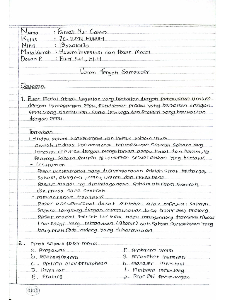 Uas Hukum Investasi Dan Pasar Modal Fahroji Nur Cahyo (1902010130) 7c ...