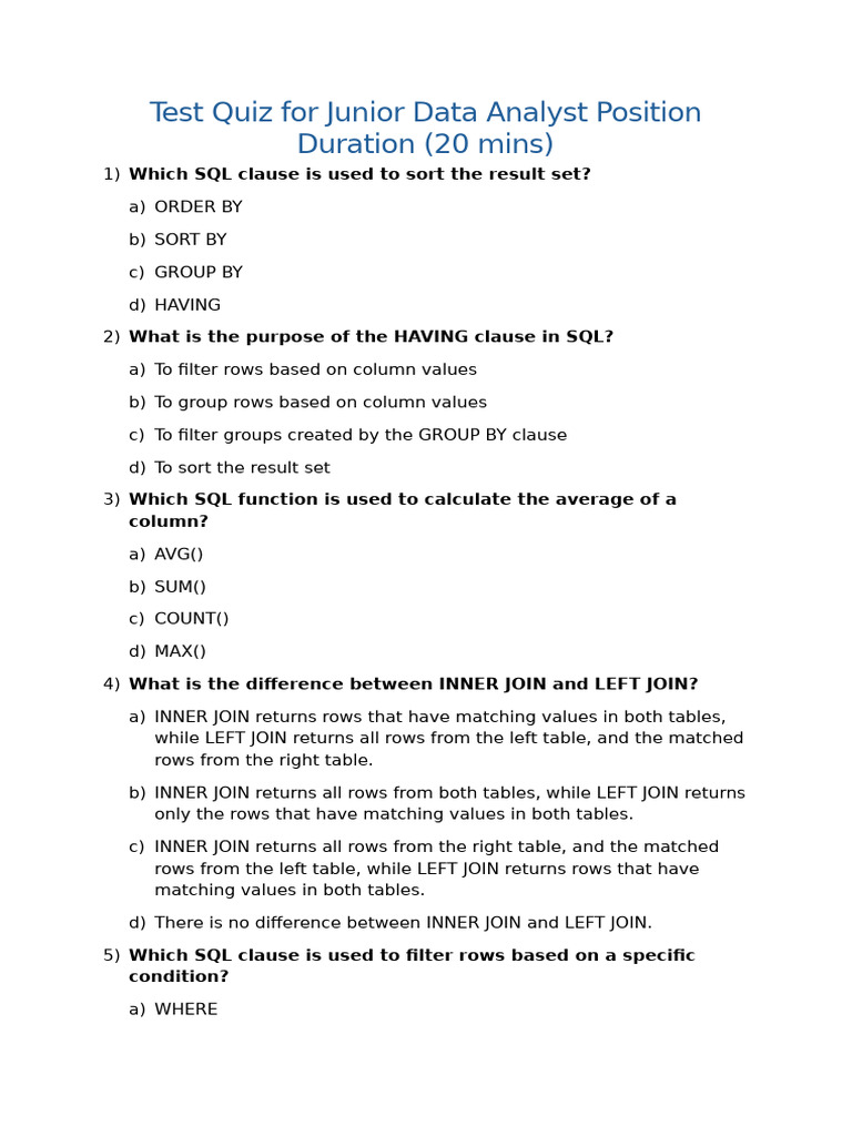 Junior Data Analyst SQL Quiz | PDF | Table (Database) | Sql