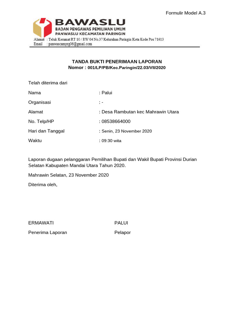 Formulir Model A.3 TANDA BUKTI PENERIMAAN LAPORAN | PDF Formulir Model A.3 TANDA BUKTI PENERIMAAN LAPORAN | PDF