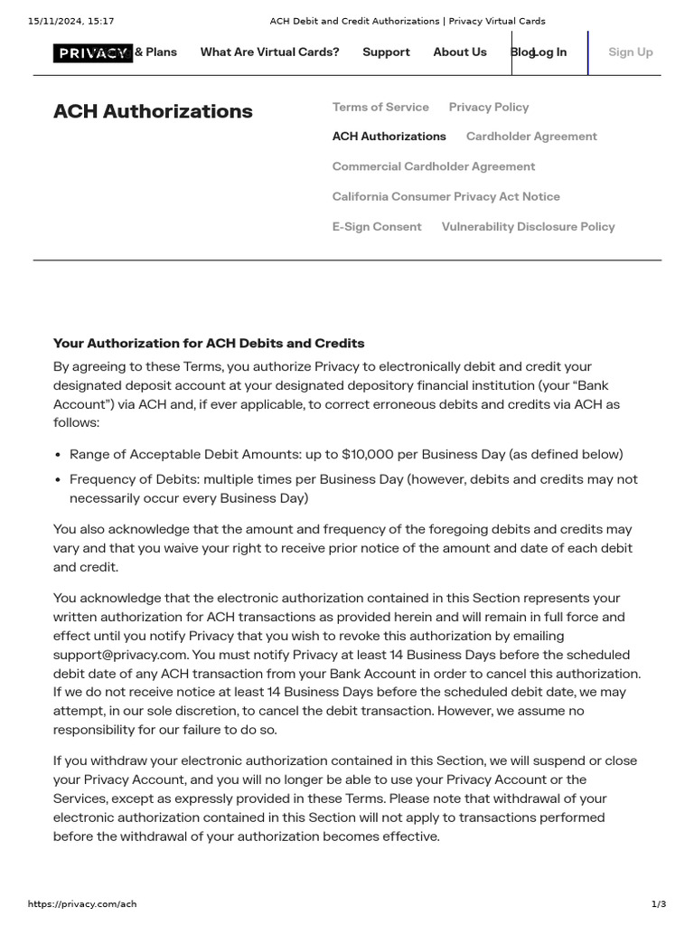 ACH Authorization Terms for Privacy Users | PDF | Credit Card | Debit Card
