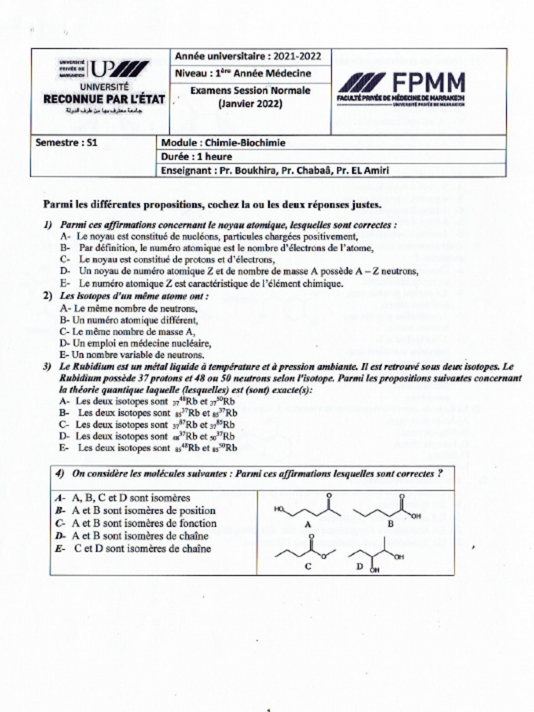 Epreuve Chimie Et Biochimie 2021-2022 | PDF