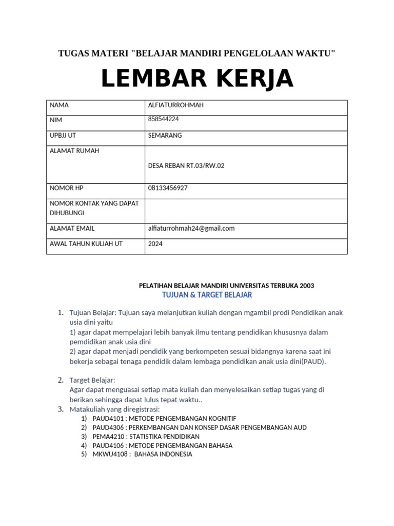 Alfi PKBJJ - Lembar Kerja Mengelola Waktu - 2022 | PDF
