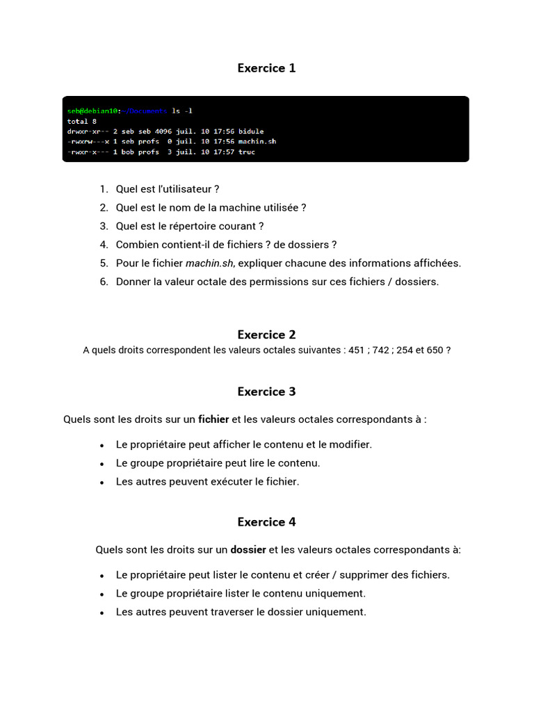 Exercices sur les permissions Unix | PDF