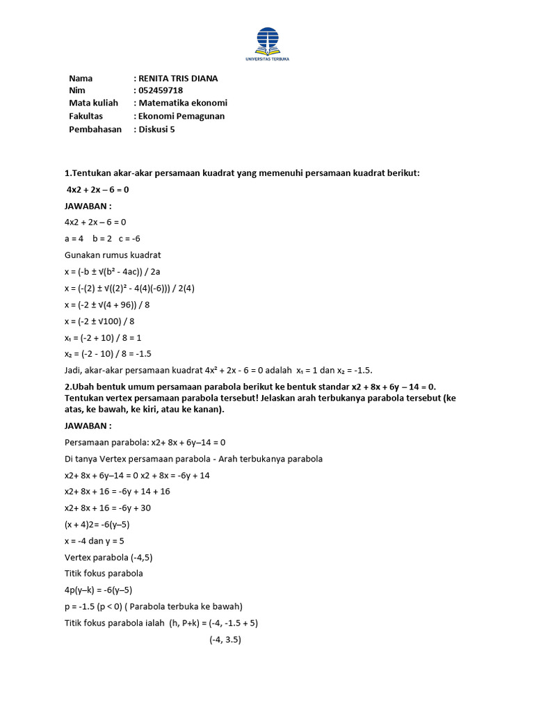 Diskusi 5 Matematika Ekonomi Ut | PDF | Metode & Bahan Ajar | Sains & Matematika