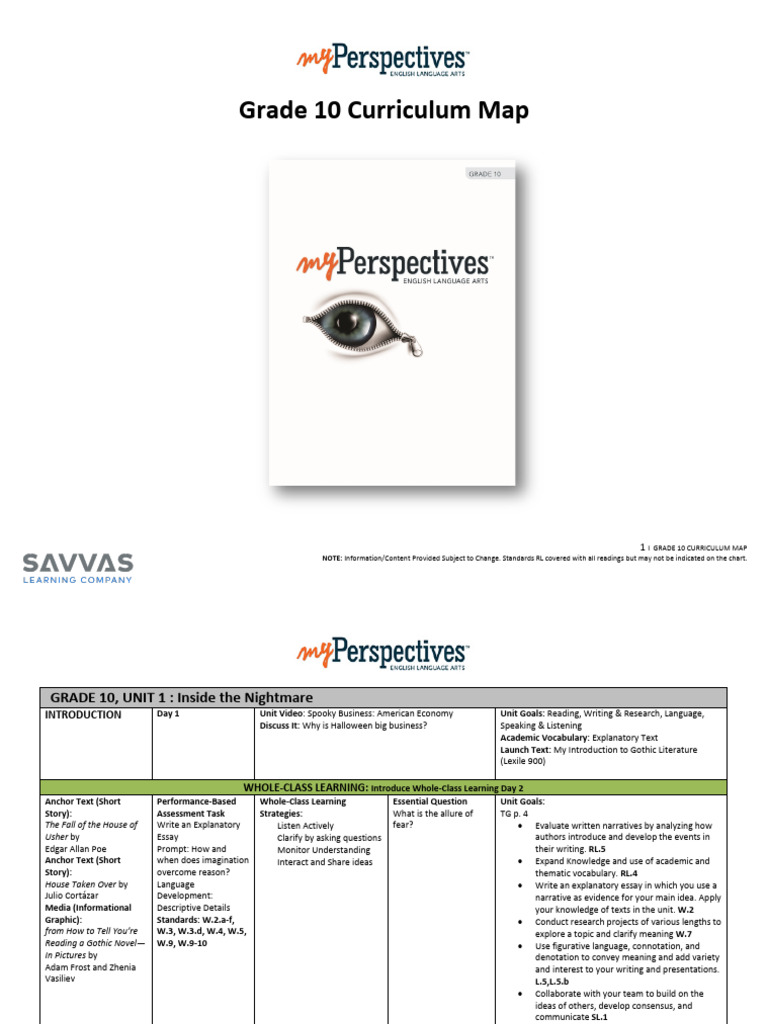 10th MyPerspectives Curriculum Map Grade 10FINAL - Editable | PDF ...