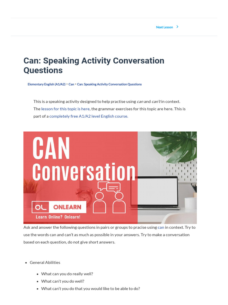 Can - Speaking Activity Conversation Questions - Onlearn | PDF | Conversation | Cognition