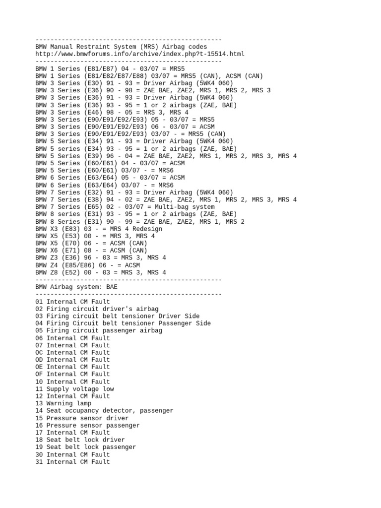 BMW MRS Airbag Fault Codes Guide | PDF | Airbag | Seat Belt