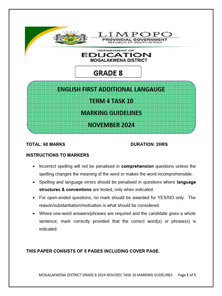 Grade 8 Efal Term 4 Task 10 Marking Guidelines | PDF | Linguistics | Grammar