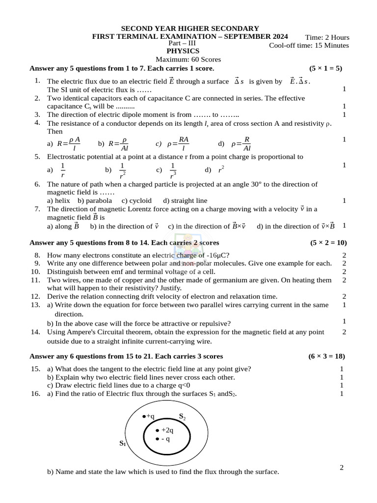 Hsslive Xii Physics-Qp Term I 2024 | PDF | Magnetic Field | Electric Field