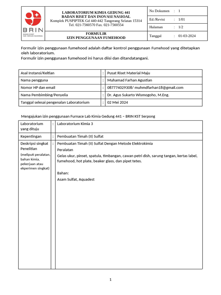 Formulir Izin Fumehood Lab Kimia BRIN | PDF | Kesehatan Holistik ...