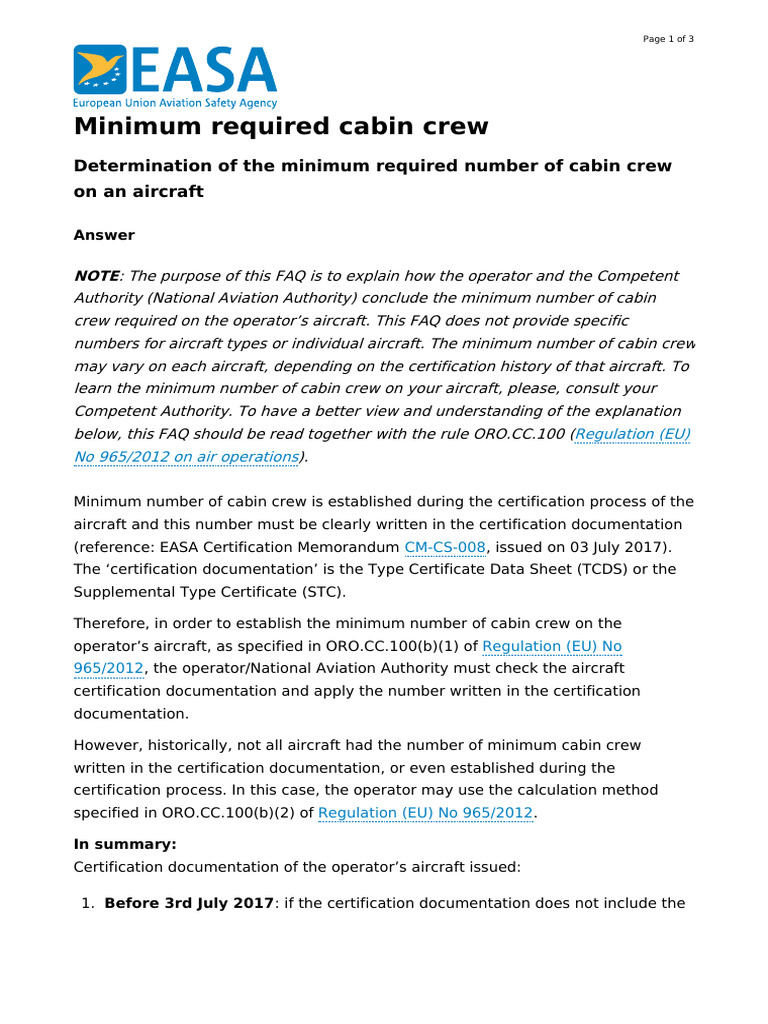 EASA Minimum Cabin Crew Requirements | PDF | Aviation