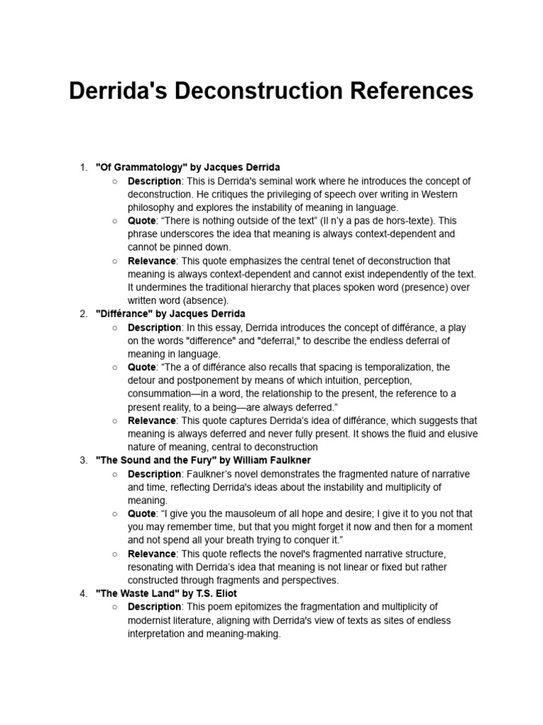 Derrida's Deconstruction References | PDF | Deconstruction | Jacques ...