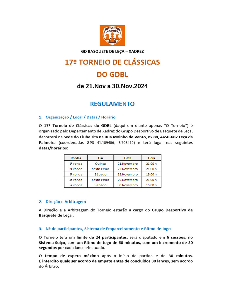 17º Torneio de Clássicas GDBL Regulamento | PDF | Xadrez