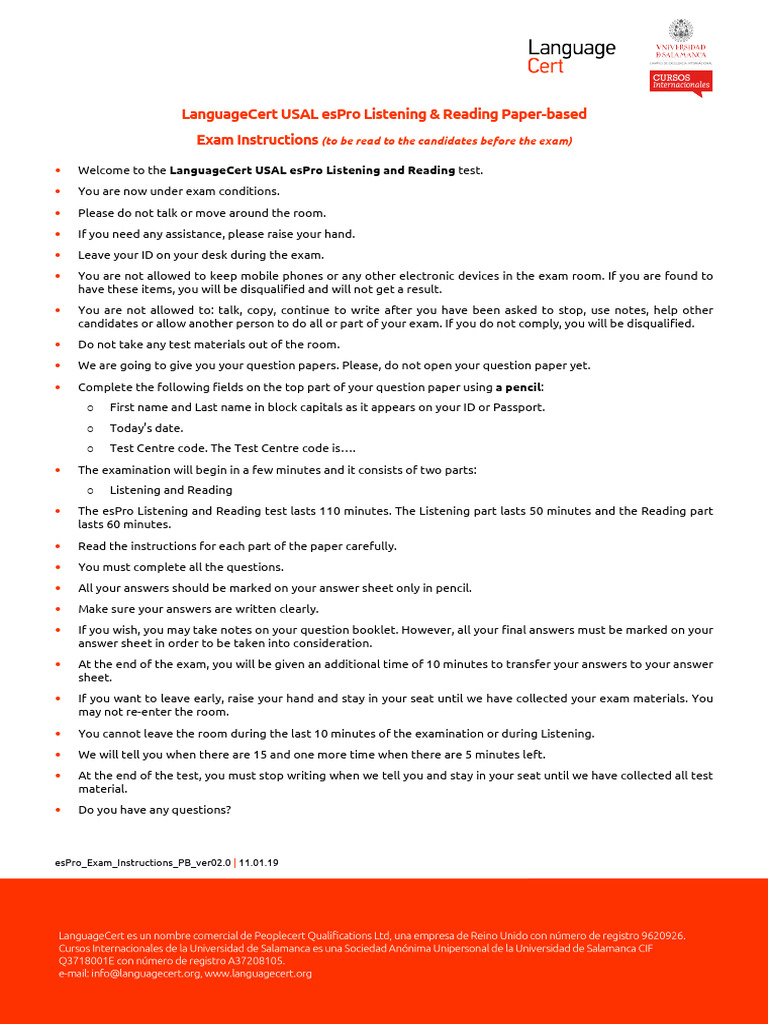 LanguageCert Exam Paper-Based Exam Instructions USAL Espro EN | PDF