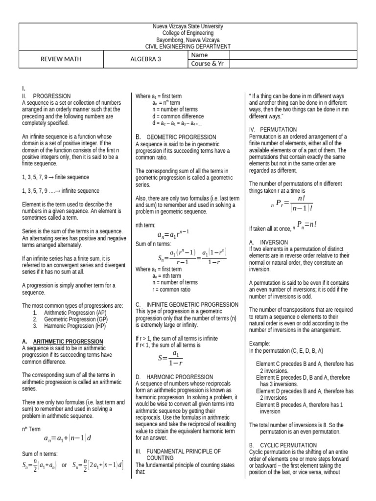 ALGEBRA 3 | PDF | Sequence | Numbers