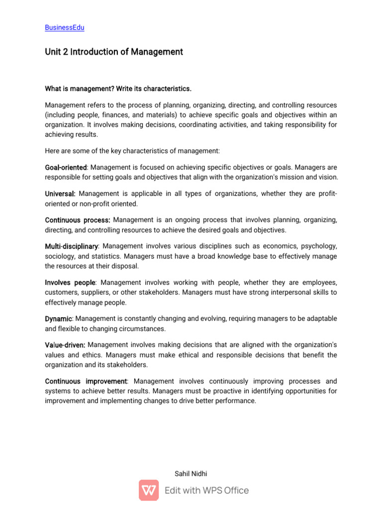 Introduction of management|| Principle of Management(1) | PDF | Goal ...