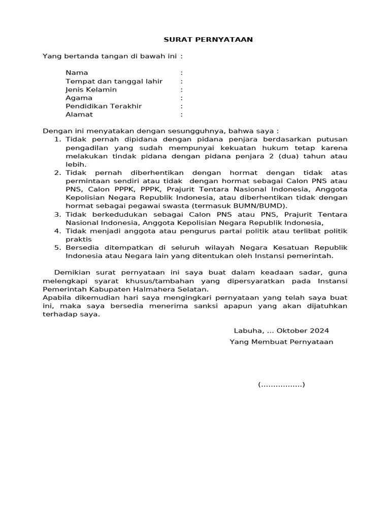 Surat Pernyataan 5 Point PPPK 2024 | PDF