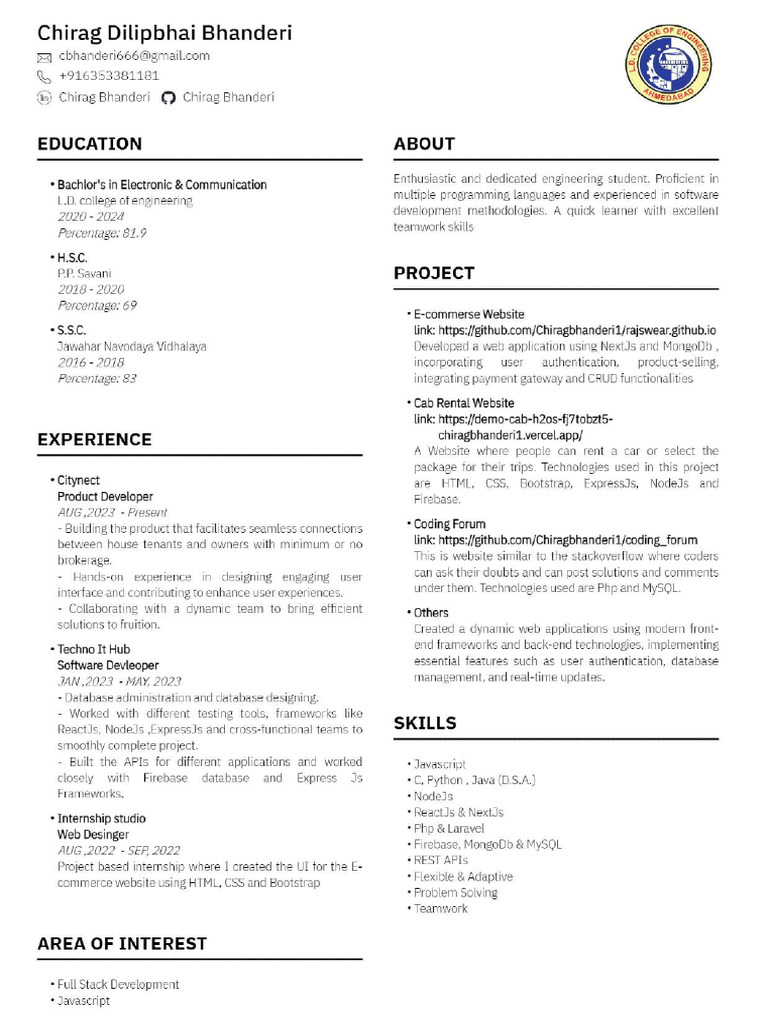 Ldce Ec Chirag Bhanderi Resume | PDF